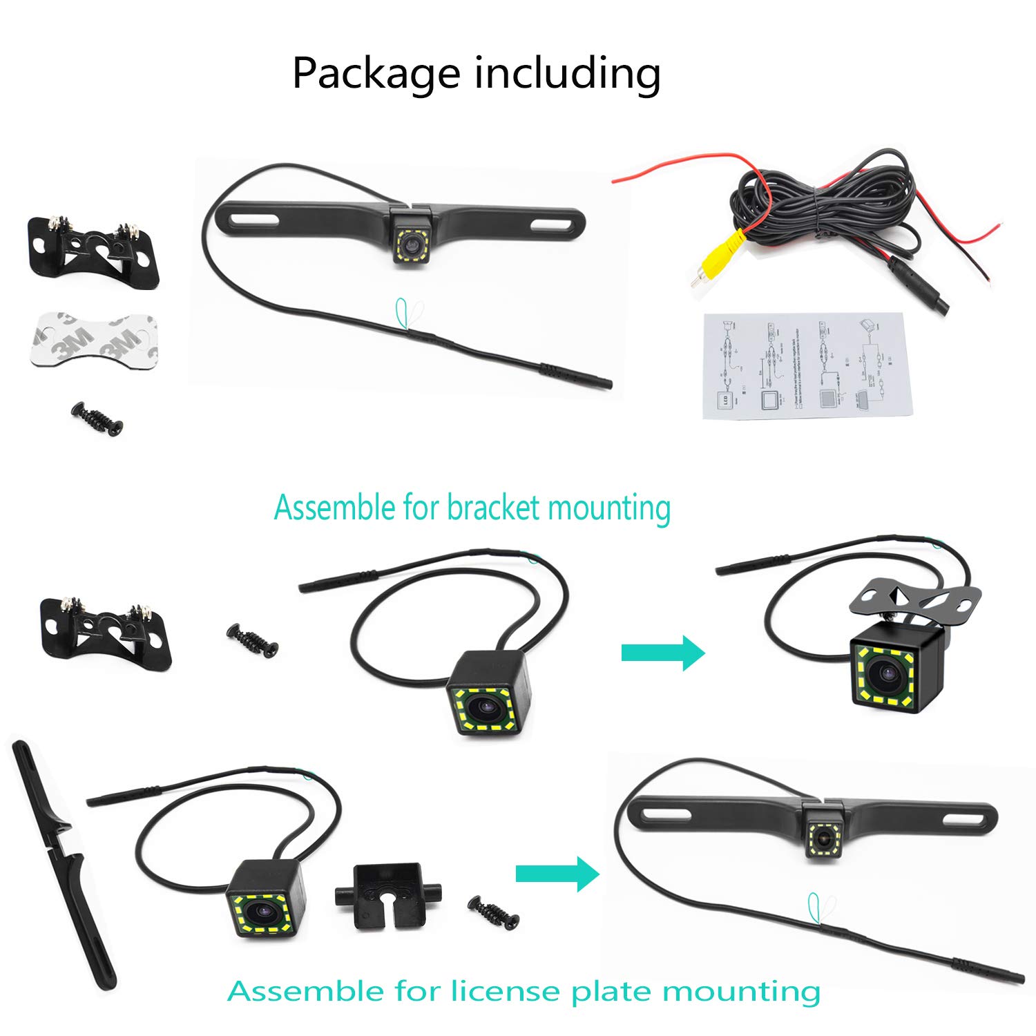 Backup Camera for Car HD 12 LED Wide View Angle 2-in-1 Universal Rear View Reverse Camera 2 Installation Options Removable Guildlines 12V only
