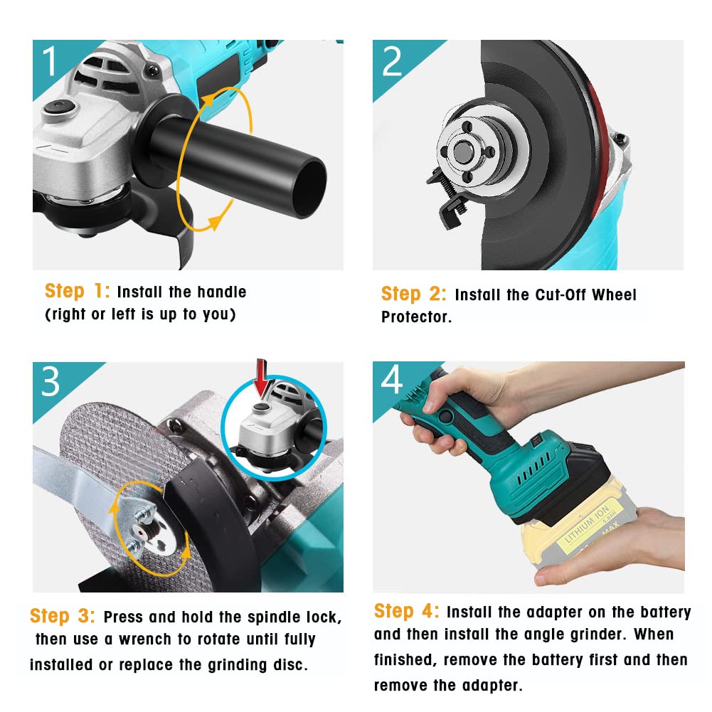 Cordless Angle Grinder, 18V variable speed metal grinders w/DM18M Battery Adapter,10000RPM Brushless Motor, 3/8 arbor, 110V 4-inch high power(Battery not include)