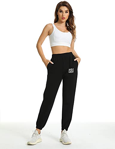 Blooming Jelly Womens Black Sweatpants High Waisted Running Workout Lounge Joggers with Pockets(XL,Black)