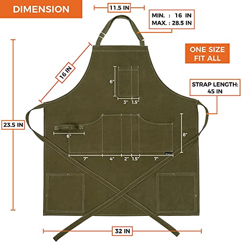 opux Chef Apron for Men, Kitchen Apron with Pockets for Women, Large Unisex Canvas Apron for Cooking Grilling BBQ Baking, Heavy Duty Apron for Work, Olive Green