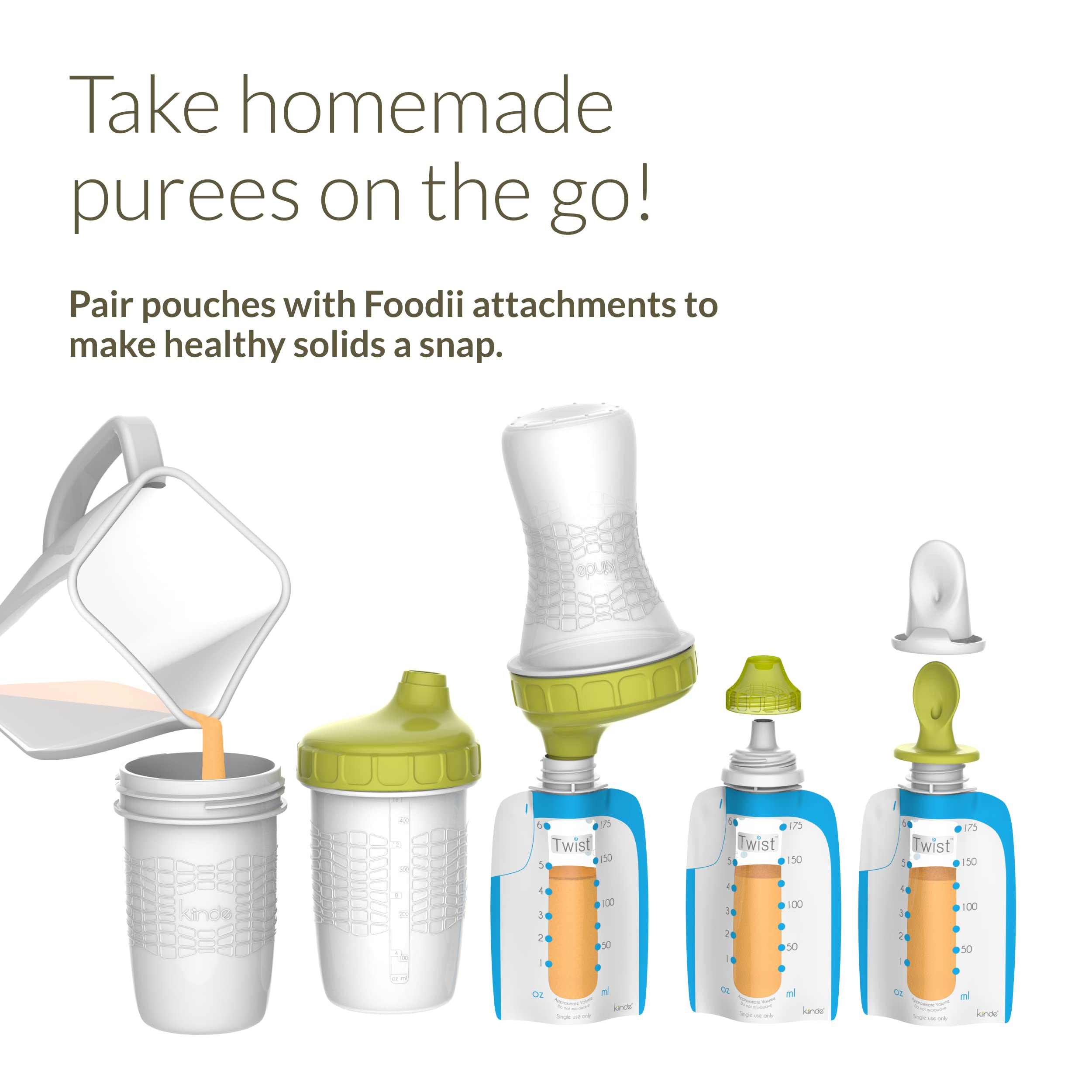 Kiinde Foodii Baby Food and Formula Storage, Disposable Squeeze Pouches for Homemade Purees, Easy and Convenient Food Maker System for Babies and Toddlers (40 Pack)