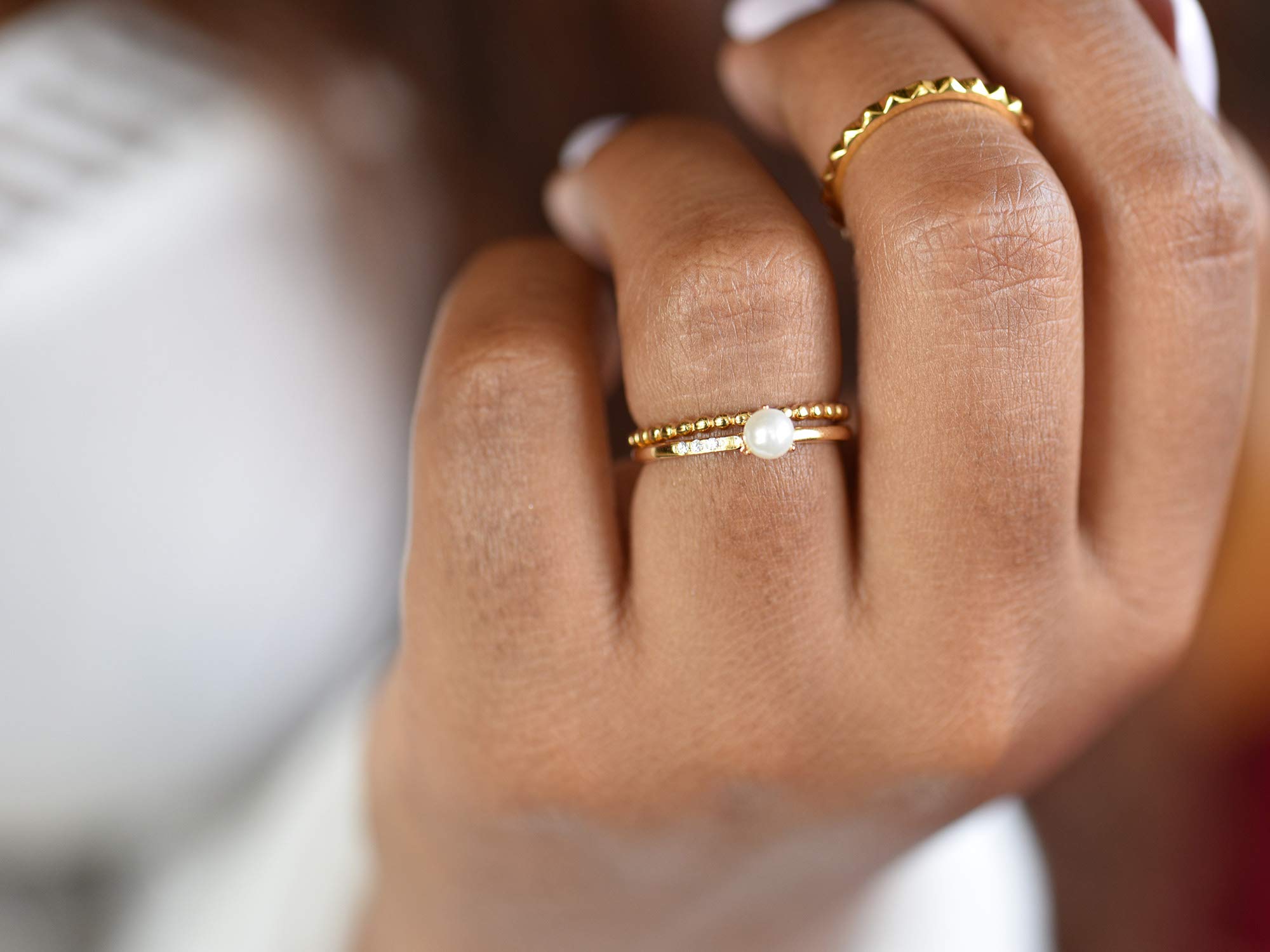 BLOSSOM & HUE Mini Pearl Ring [ CZ Accent ] - 18K Gold Vermeil - Size 7 - Minimalist Band