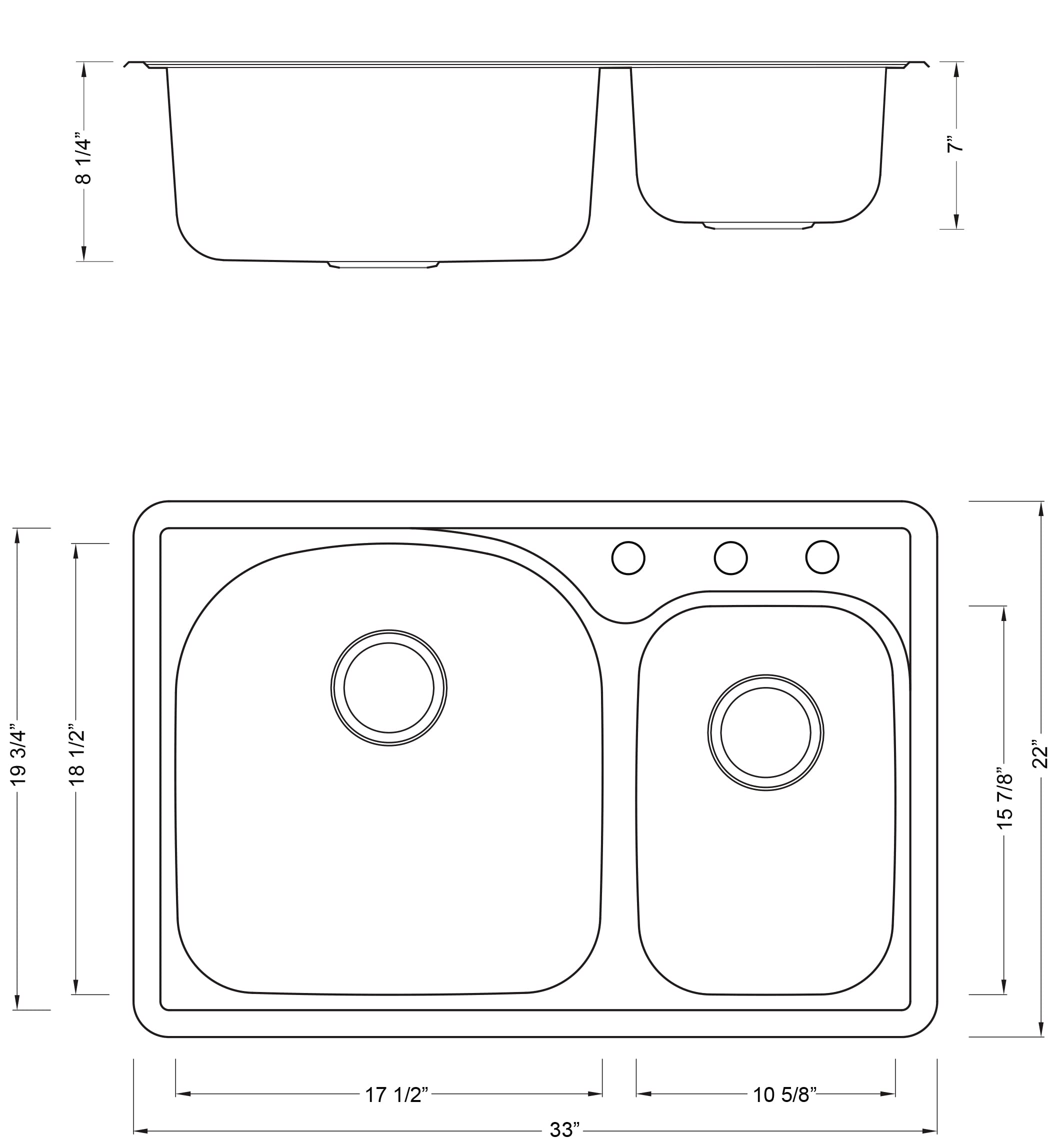 CozyBlock 33 x 22 x 8 Inch 70/30 Offset Top-mount/Drop-in Stainless Steel Double Bowl Kitchen Sink with Strainer and Protective Bottom Grid - 18 Gauge Stainless Steel-3 Faucet Hole
