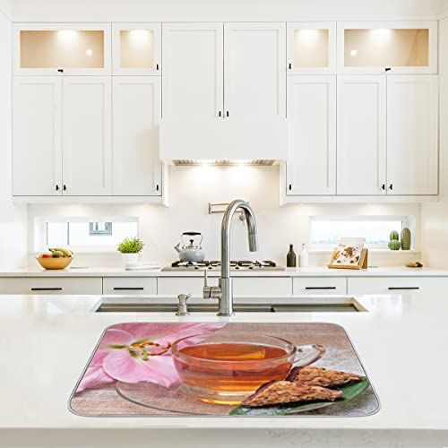 Lilies Tea Kitchen Drying Mat 18 x 24 Inch - Reversible Super Absorbent Fiber Dish Drying Pad with Non-Slip Backing for Countertop Tea Coffee Bar Accessories