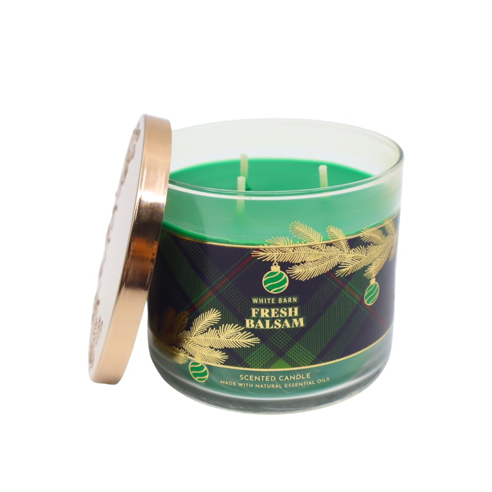 Bath & Body Works Fresh Balsam 3-Wick Candle Christmas 2023 2-pc Bundle – Limited Edition (Winter Village & Tree Branches Pattern), Green