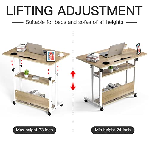 fshihine Portable Desk for Sofa and Bed 31.5"x19.5" Height Adjustable Laptop Table with Wheels, Rolling Small Mobile Standing Home Office Workstation for Small Spaces, Student Study Desk with Storage