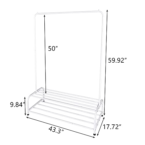 Clothing Garment Rack with Shelves, Metal Cloth Hanger Rack Stand Clothes Drying Rack for Hanging Clothes,with Top Rod Organizer Shirt Towel Rack and Lower Storage Shelf for Boxes Shoes Boots, White