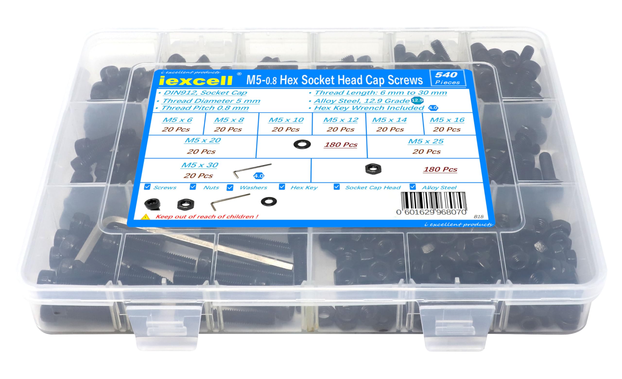 iexcell 540 Pcs M5 x 6/8/10/12/14/16/20/25/30 Alloy Steel 12.9 Grade Hex Socket Head Cap Screws Bolts Hex Nuts Washers Assortment Kit, Black Oxide Finish