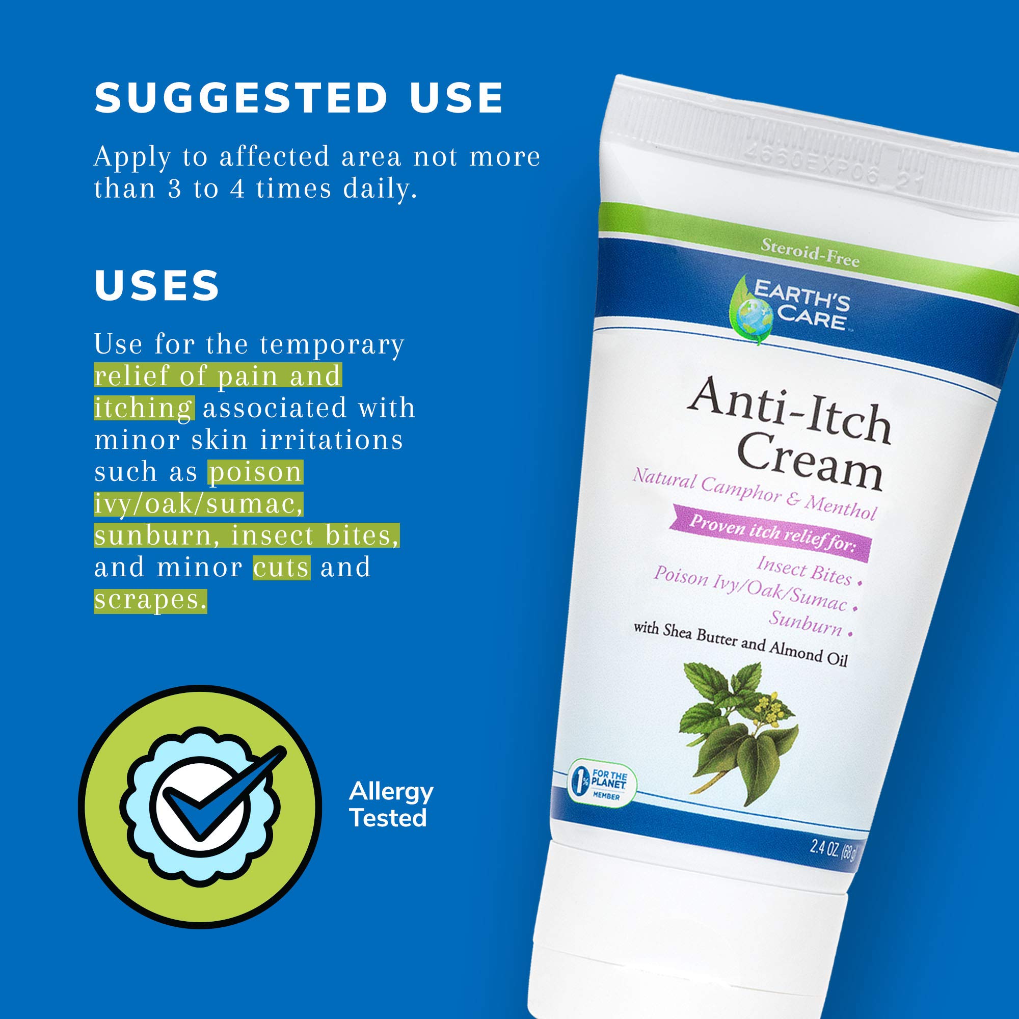 Earth's Care Anti Itch Cream - Extra Strength - Soothes Sunburns, Rashes and Minor Skin Irritation 2.4 OZ (3 Tubes)