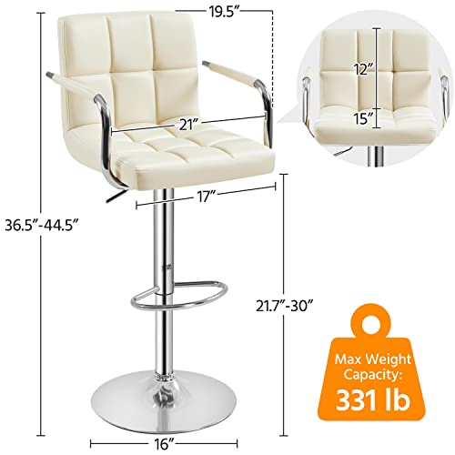 Yaheetech Tall Bar Stools Set of 2 Modern Square PU Leather Adjustable BarStools Counter Height Stools with Arms and Back Bar Chairs 360° Swivel Stool, Beige