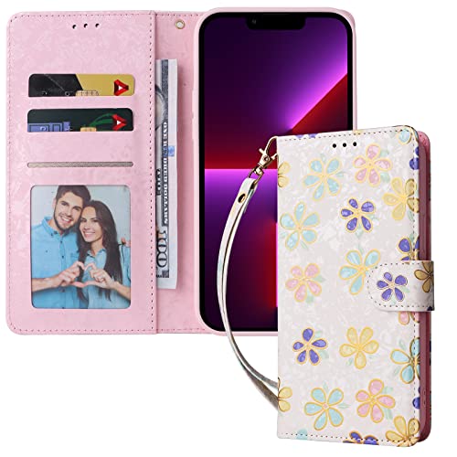 JGG iPhone 13 Pro Max Case Wallet 3D Flowers Blossoming Bronzing Shell Texture with RFID Blocking Magnetic Clasp Card Slot Holder Protective Shockproof Cover for iPhone 13 Pro Max Wallet Case