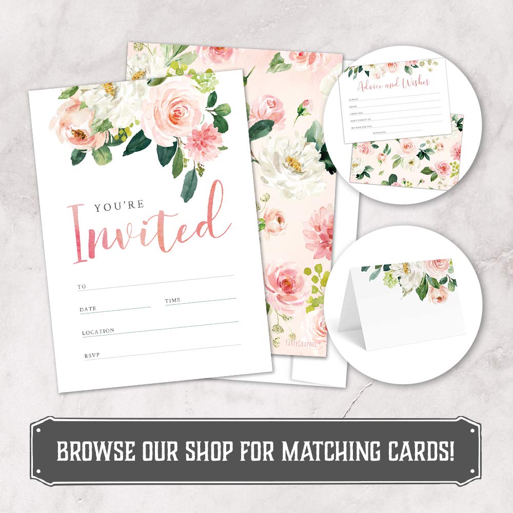 Floral Fill-in Invitations with Envelopes, Perfect for Bridal Shower, Baby Shower, Wedding, Rehearsal Dinner, Birthday Party, Anniversary Party (25 Pack)