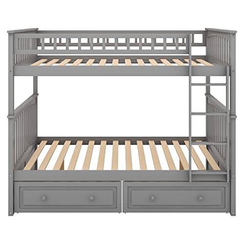 Full Over Full Bunk Bed with 2 Storage Drawers, Wooden Bunk Bed Frame with Guardrails and Ladders for Kids Teens Adults, Can be Convertible into 2 Beds (Bunk Beds Full Over Full, Gray)