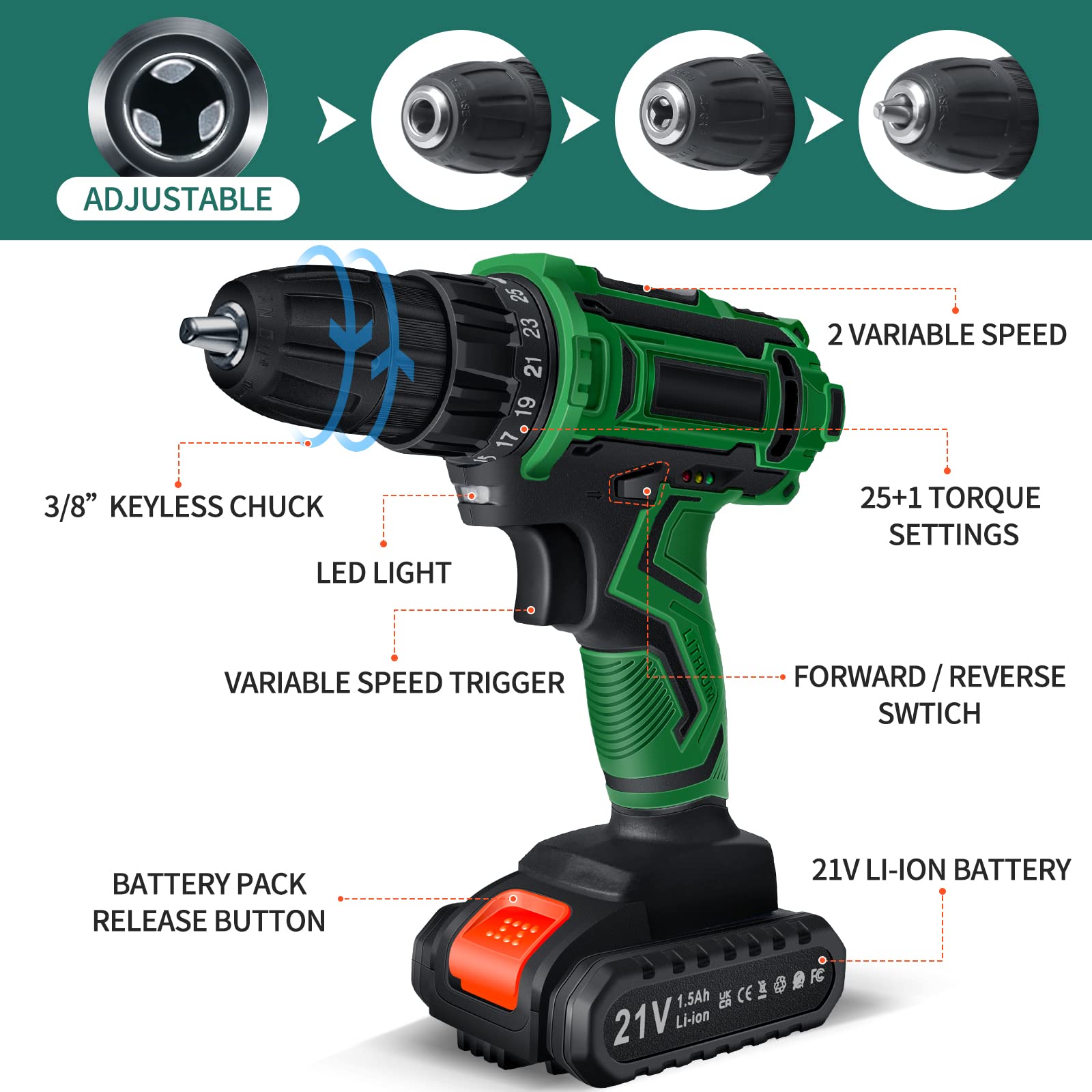 Cordless Drill Driver Set 21V, Power Drill Cordless 23PCS with Batteries 1500mAh, 25+1 Torque Hammer Drill, 3/8" Chuck, 2 Speed, 0-600 RPM/0-1300 RPM Variable Speed, LED Light for Home