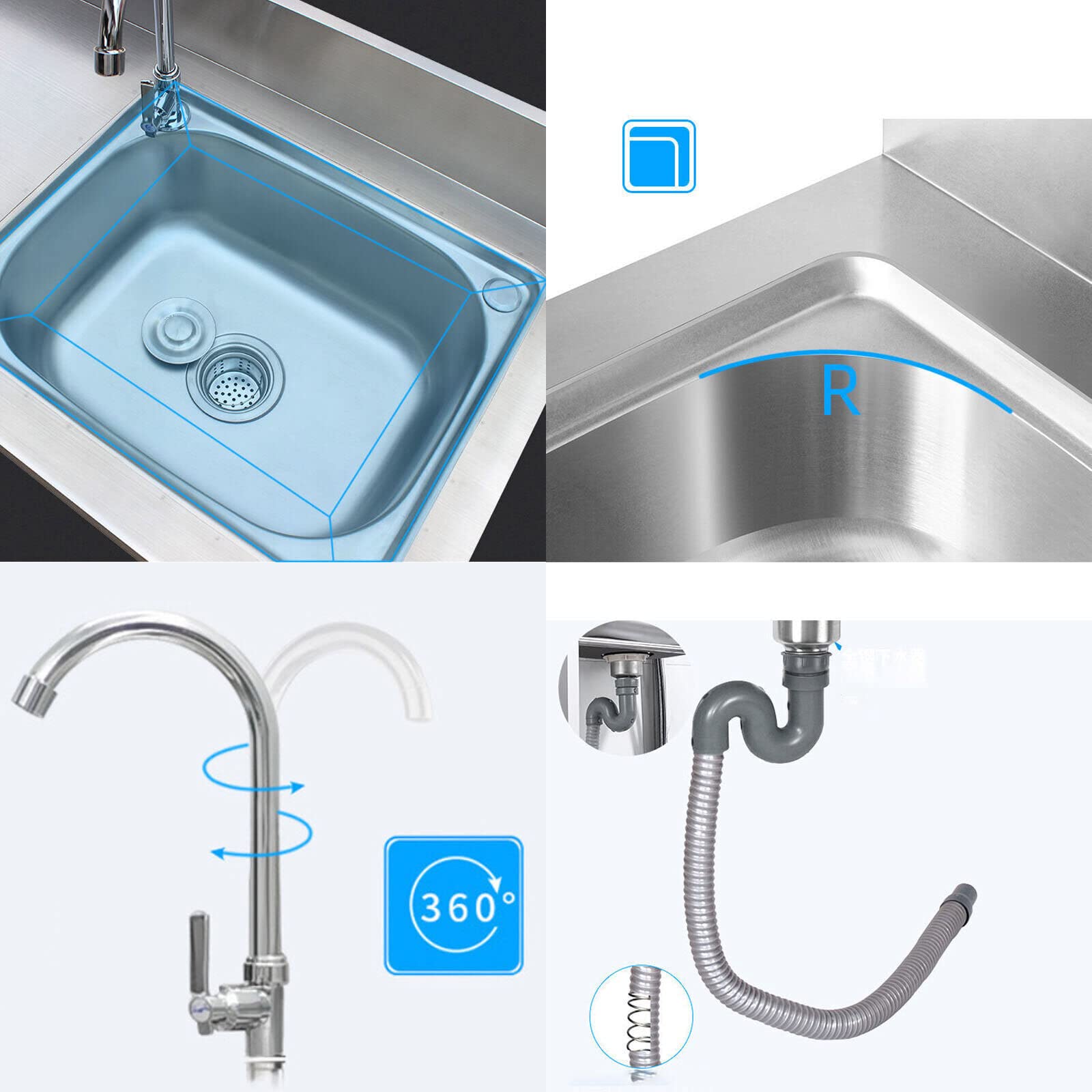 Commercial Sink Basin w/Faucet Catering Prep Table Kitchen Shelf Stainless Steel Outdoor Sink Freestanding with 2 Shelves 2 Drainer for Garage,Restaurant