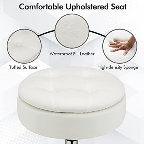 COSTWAY Counter Height Bar Stool, Tufted PU Leather 20"-26" H Adjustable Swivel Vanity Chair with Removable Tray Top and Storage Space, Modern Round Ottoman for Makeup Kitchen Island Shop, White