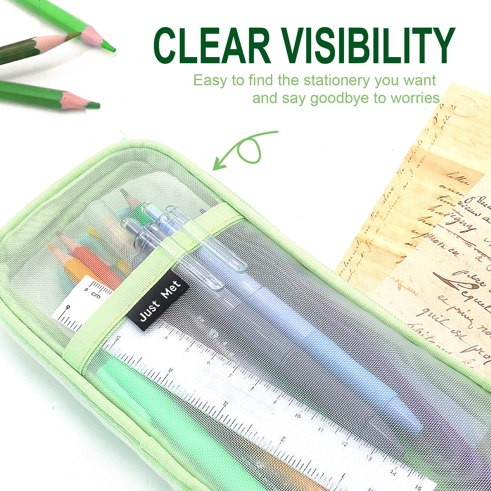 Sonuimy Clear Mesh Pencil Case Pouch, Clearly Visible Grid Pen Cases Organizer For Adult, Zipper Transparent Stationary Makeup Bag For Travel Office College-Green