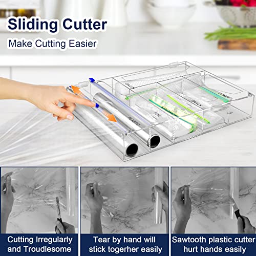 Imboxx 6 in 1 Foil Plastic Wrap Organizer Dispenser with Slide Cutter for Foil Wrap Ziplock Bag Storage Acrylic Organizer for Kitchen Drawer Suitable for Gallon Quart Sandwich Snack