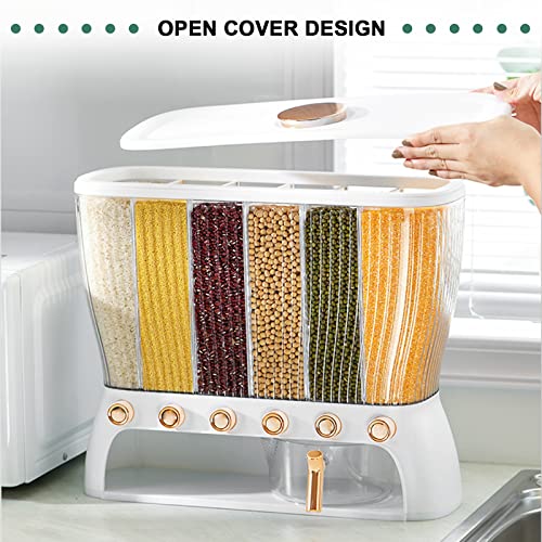 JIAWANSHUN Rice Dispenser Food Storage Container 6 Grids Bulk Rice Organizer Box Countertop Rice Holder Kitchen Dispenser Keeper for Grains Beans Corns
