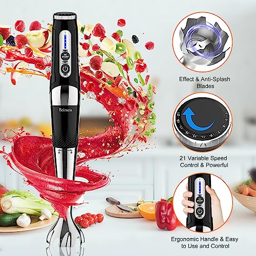 Cordless Immersion Blender: 4-in-1 Cordless Hand Blender Rechargeable, 21-Speed & 3-Angle Adjustable with 304 Stainless Steel Blades, Chopper, Beaker, Whisk and Beater for Milkshakes | Smoothies | Soup| Puree | Baby Food (Black)