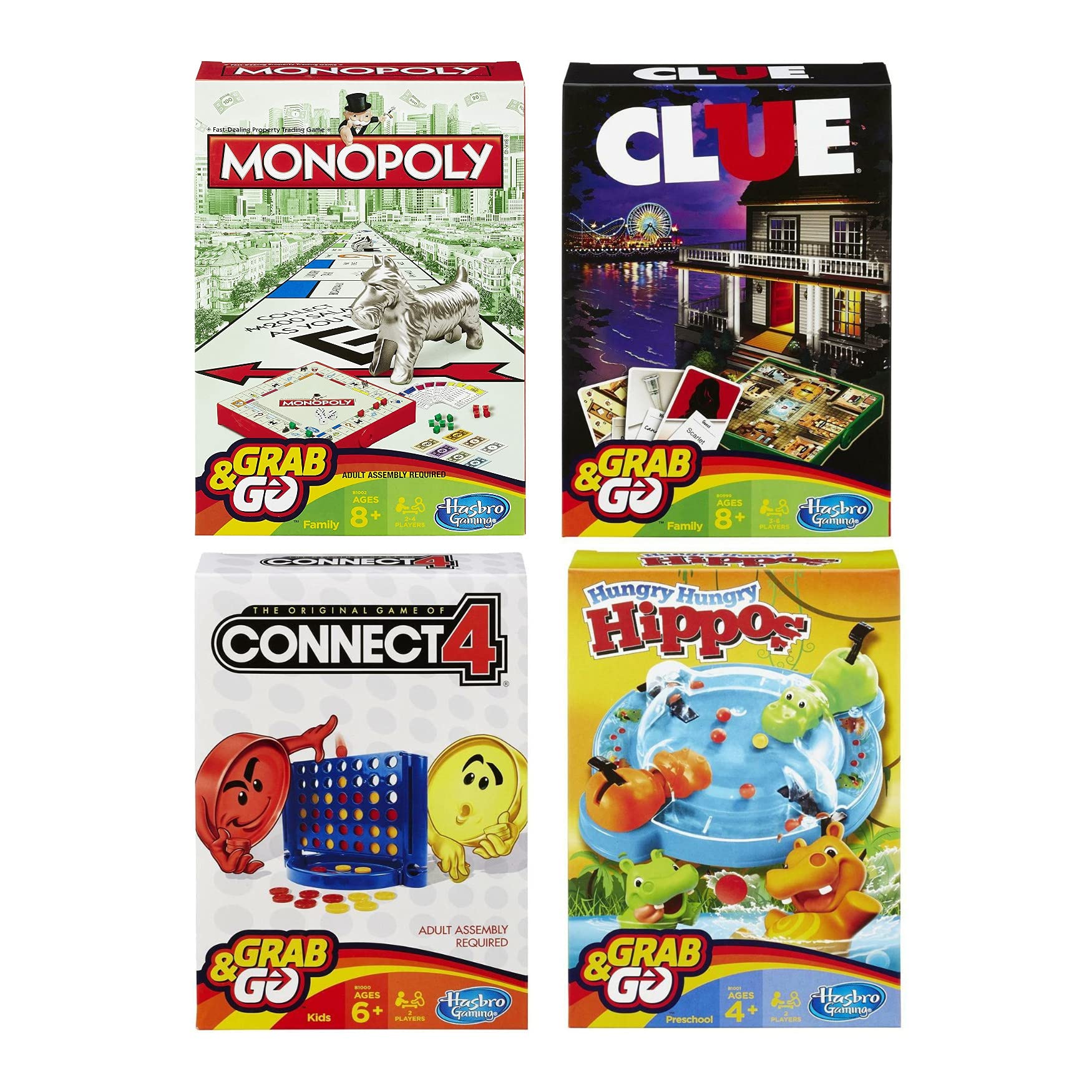 Hasbro Family Grab and Go Variety Pack Bundle: Clue, Monopoly, Connect 4 and Hungry Hungry Hippos Travel Sized Board Games (4 Items)