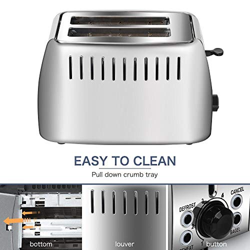 prepAmeal 2 Slice Toaster Stainless Steel Toaster Two Slice Bagel Toaster Small Bake Toaster with 6 Browning Setting, Reheat, Defrost, Bagel, Cancel Function, Extra Wide Slots (Silver - 2 Slice)