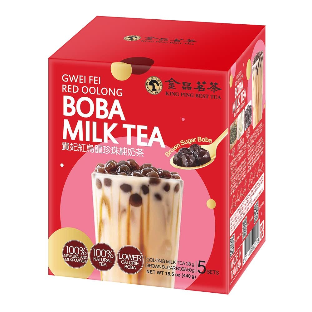 King Ping Best Tea - Oolong Tea Kit with Brown Sugar Boba Pearls, 5 Individual Boba Packets & Milk Tea Powder Packets, 100 Percent Natural Red Oolong Tea - Easy to Make - (5 Servings)