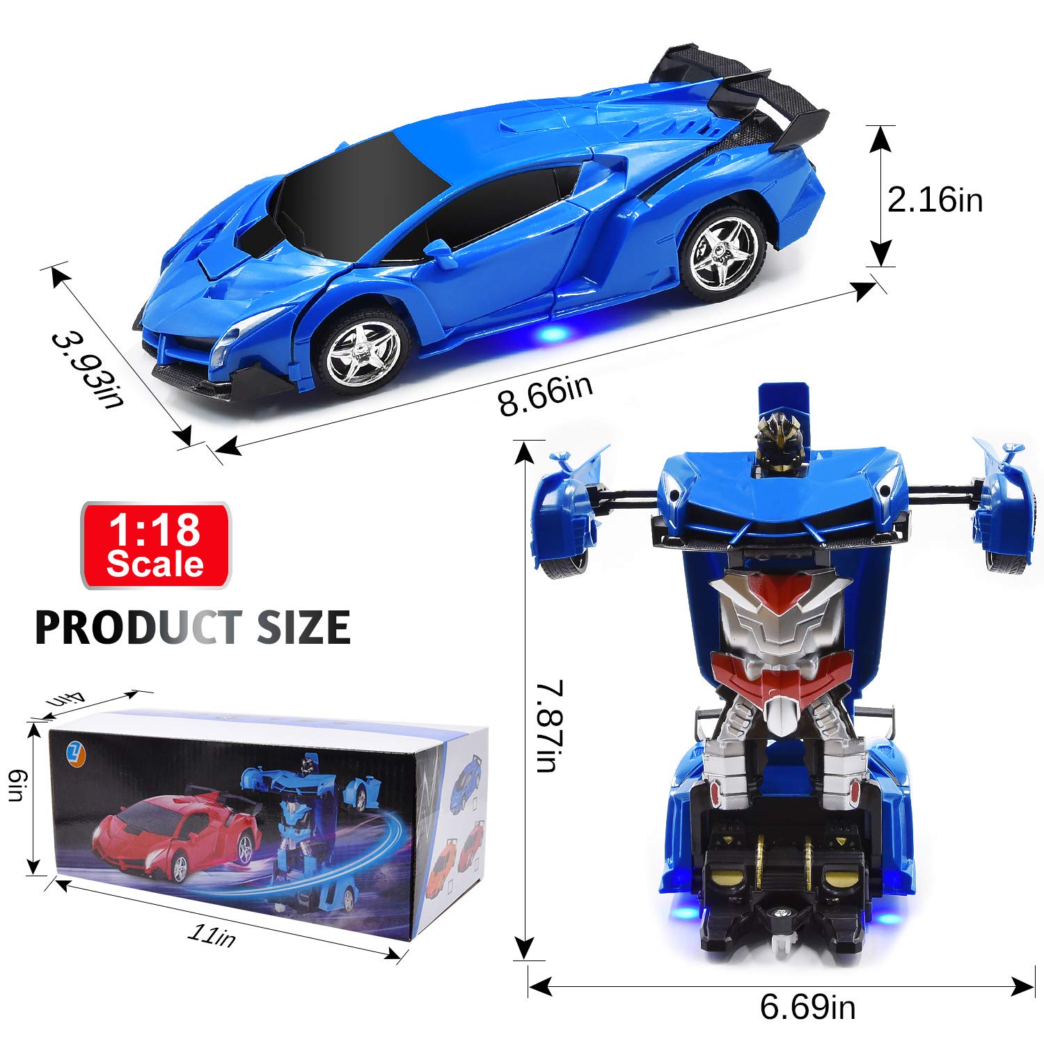 Jeestam RC Car Robot for Kids Transformation Car Toy, Remote Control Deformation Vehicle Model with One Button Transform 360°Rotating Drifting 1:18 Scale, Best for Boys and Girls (Blue)