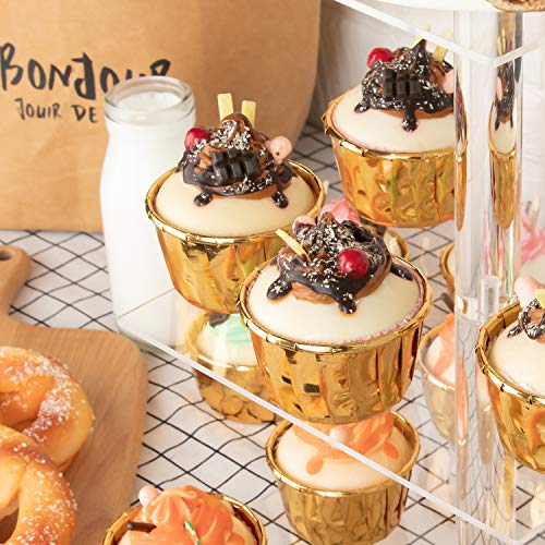 YestBuy 3 Tier Cupcake Stand with Base, Cake Stand, Acrylic Cupcake Tower Stand, Premium Cupcake Holder for 28 Cupcakes, Display for Pastry Wedding Birthday Party (4" Between 2 Layers)