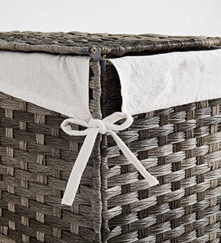 Caozichun Laundry Hamper, 110L Divided Laundry Basket with Removable Liner Bag, Handwoven Synthetic Rattan Clothes Hamper with Lid and Handles, Foldable, 22 x 13 x 24 Inches, Gray