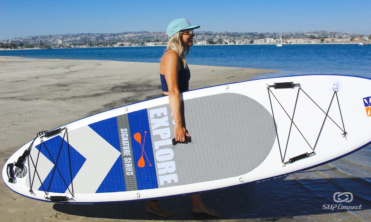 Bay Sports 2022 Model 10'6" Explore - Premium Inflatable SUP Board Package - iSUP with Fibreglass 3-Piece Adjustable Paddle and Helios Triple-Action Pump - DESIGNED in AUSTRALIA (Navy/Orange)
