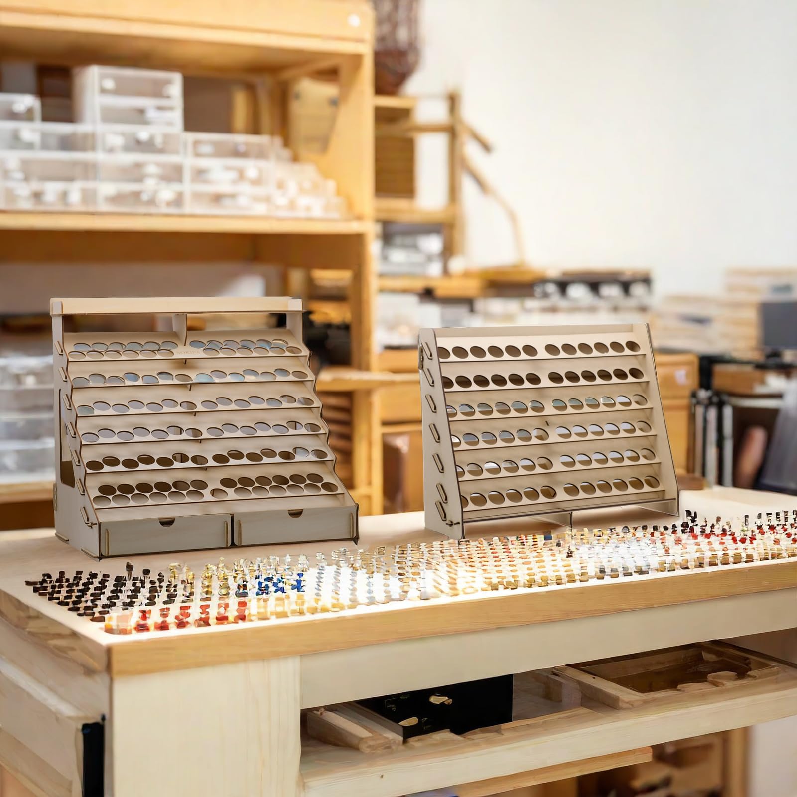 Craft Paint Storage-Modular Paint Organizer - Holds 105 Bottles of Vallejo Paints, 14 Brushes, 2 Cabinets, and Miniature Stands - Art Tool Storage Rack for Miniature Paint Set