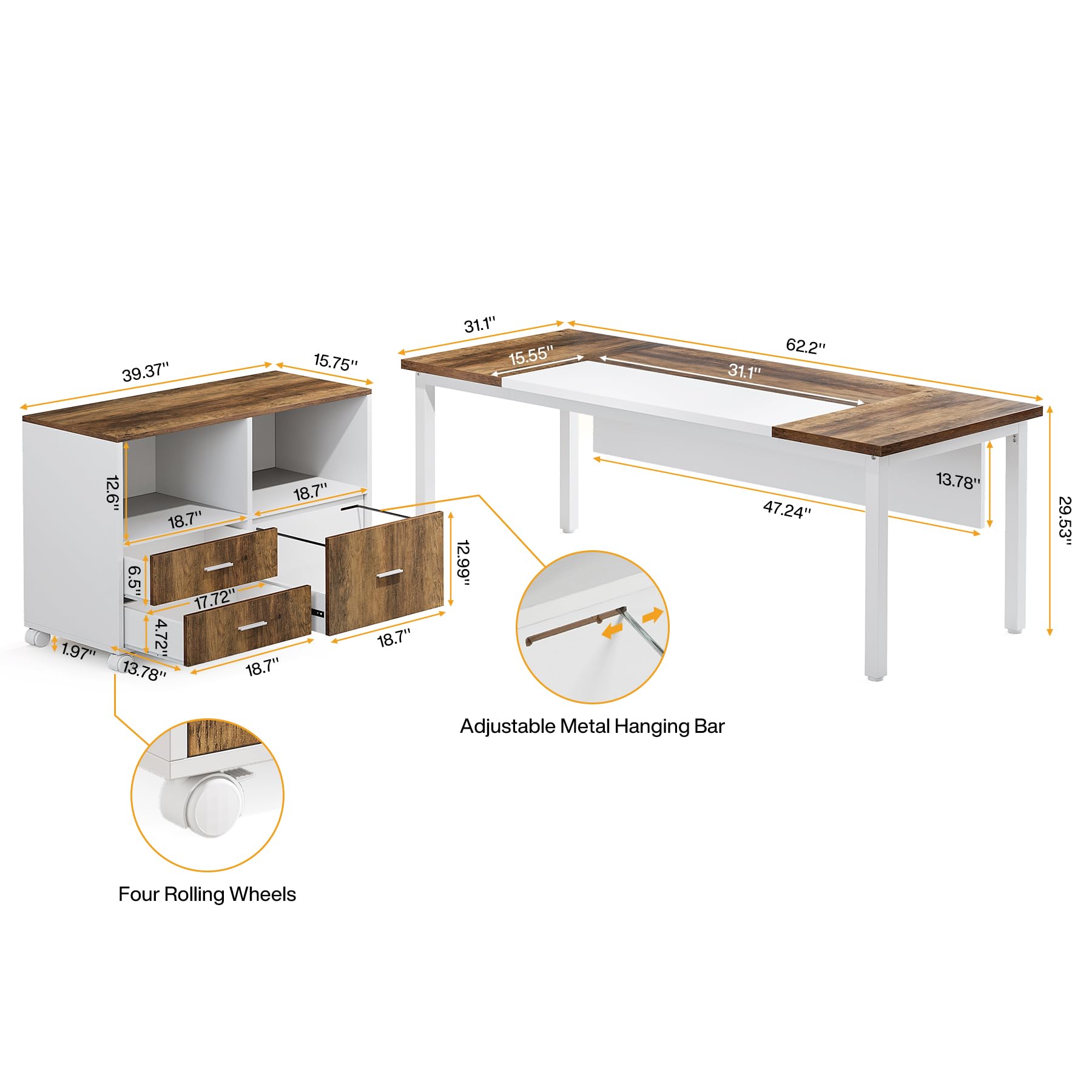 Tribesigns Office Desk with Cabient,63 inches L Shaped Computer Desk with Drawers and Mobile File Cabinet, Executive Desk for Home Office Furniture Sets