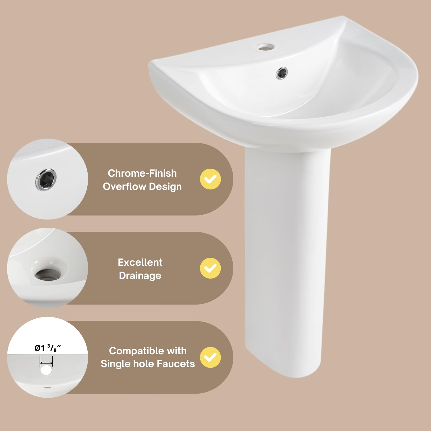 Classic Vintage Bathroom Pedestal Sink, Los Flexi 23"W x 19"D White Ceramic Freestanding Sinks for bathrooms, Overflow, 3 Pre-Drilled Holes for 4-Inch Faucets, Easy Install