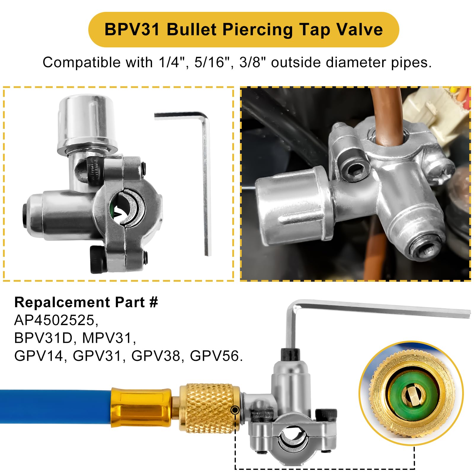 Belleone R134a Refrigerant Recharge Kit with BPV31 Bullet Piercing Valve and R134a Quick Coupler, R134a/R-12/R-22 Freon Refrigerant Hose Can Tap Kit for A/C System - Easy to use