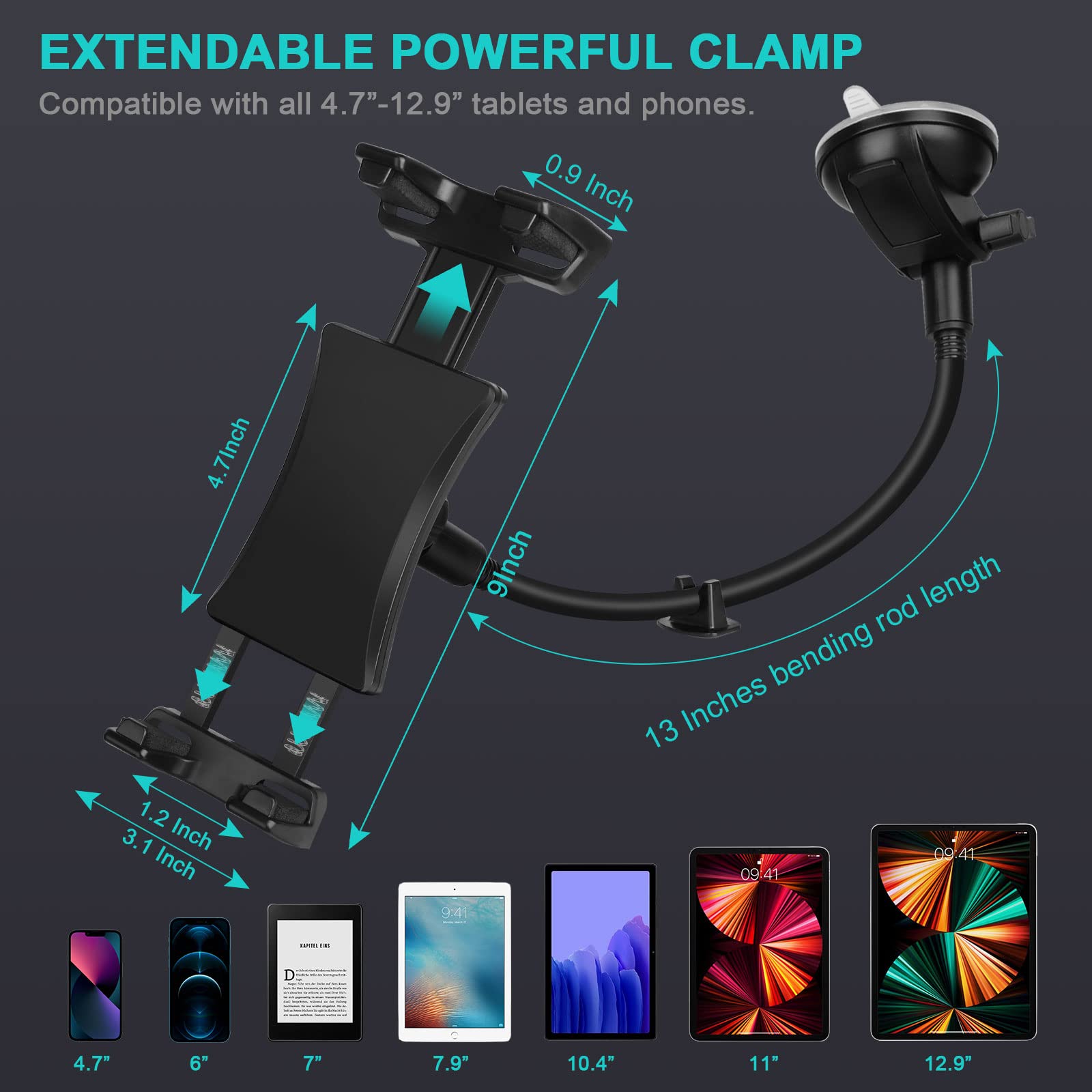 Car Dashboard Windshield Tablet Mount, 13" Long Arm Gooseneck, 360° Flexible Window Suction Cup Holder for Truck SUV, for iPad Pro 12.9/11/10.5/9.7/Air/Mini 6 5 4, Samsung Galaxy, 4.7"-12.9" Tab&Phone