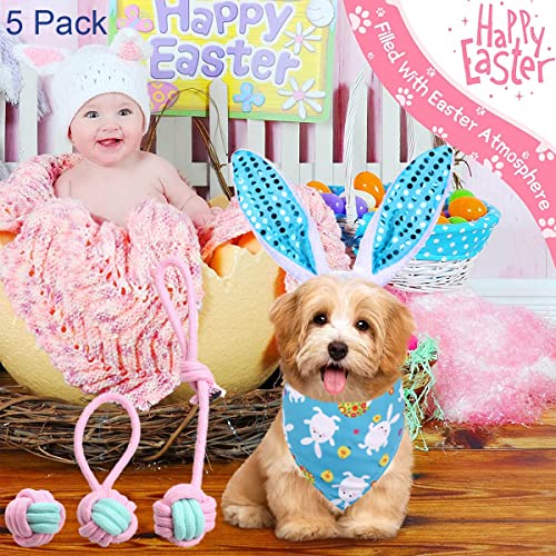 Dog Easter Bunny Costume, 5 Pieces Sequin Pet Rabbit Ears Headband Headwear, Rabbit Egg Bandana, Teething Chew Rope Ball Toy Set, Dog Easter Costumes for Small Medium Dogs Puppy Party Accessory (Blue)