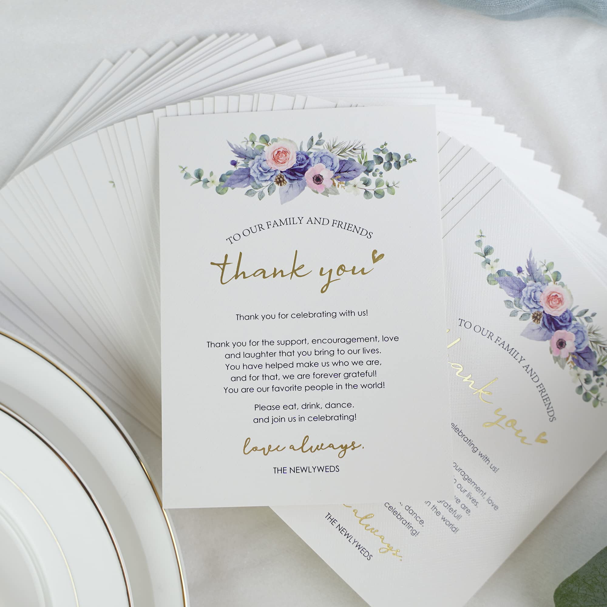 HUIHUANG Place Cards, 50 Pcs Greeting Card for Wedding, Bridal Shower, Thank You, 4 x 6 in, Blue Floral