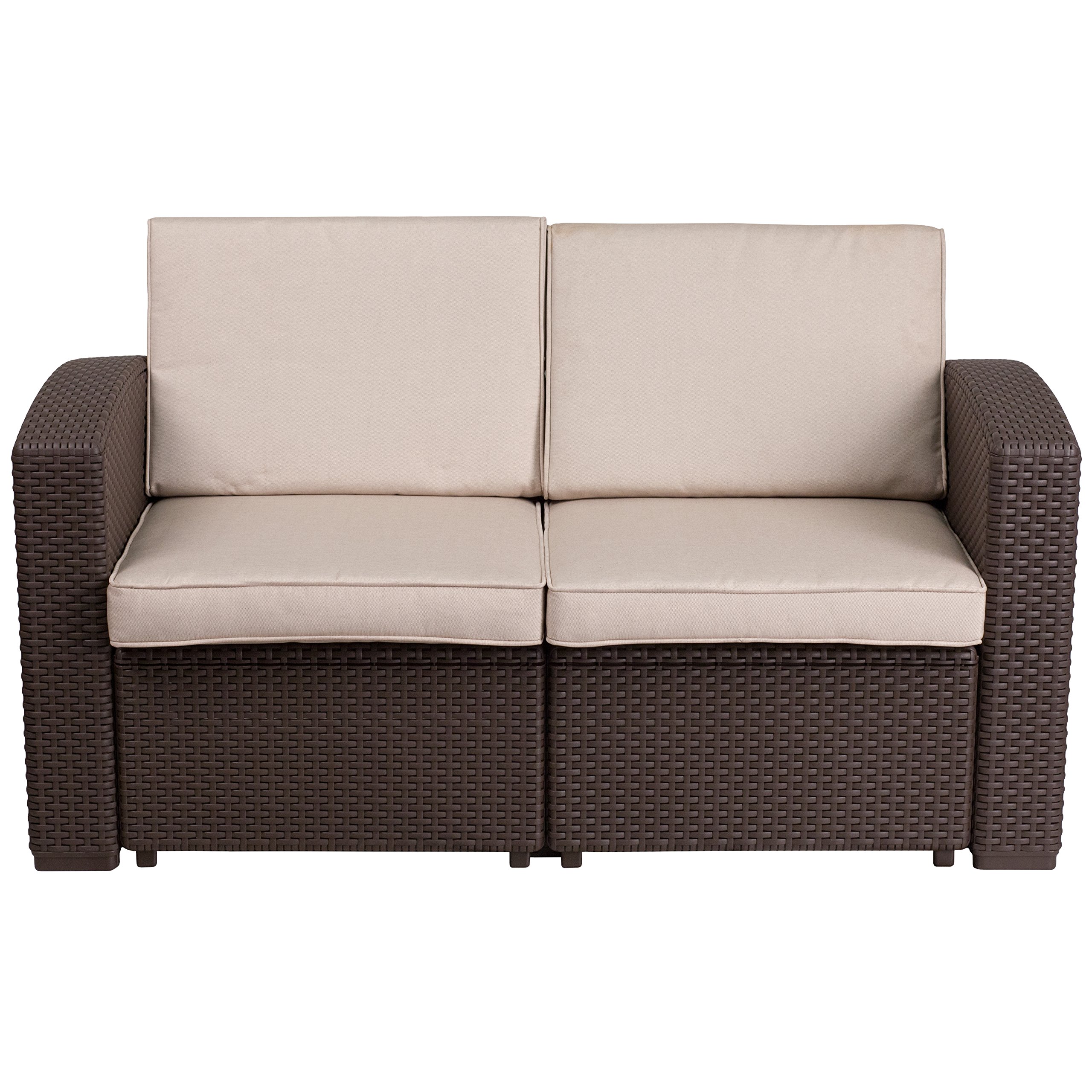 Flash Furniture Seneca Chocolate Brown Faux Rattan Loveseat with All-Weather Beige Cushions