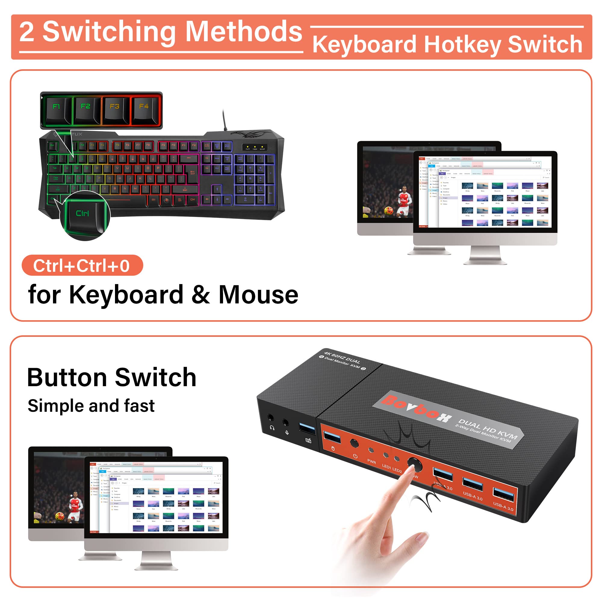 BovBox KVM Switch DisplayPort, HDMI KVM Switches 2 Port Dual Monitor Extended Display, 4K@60Hz 4:4:4 KVM Switch 2 Monitors 2 Computers with 3 USB 3.0 Hub, Audio, Hotkey & Button Switching