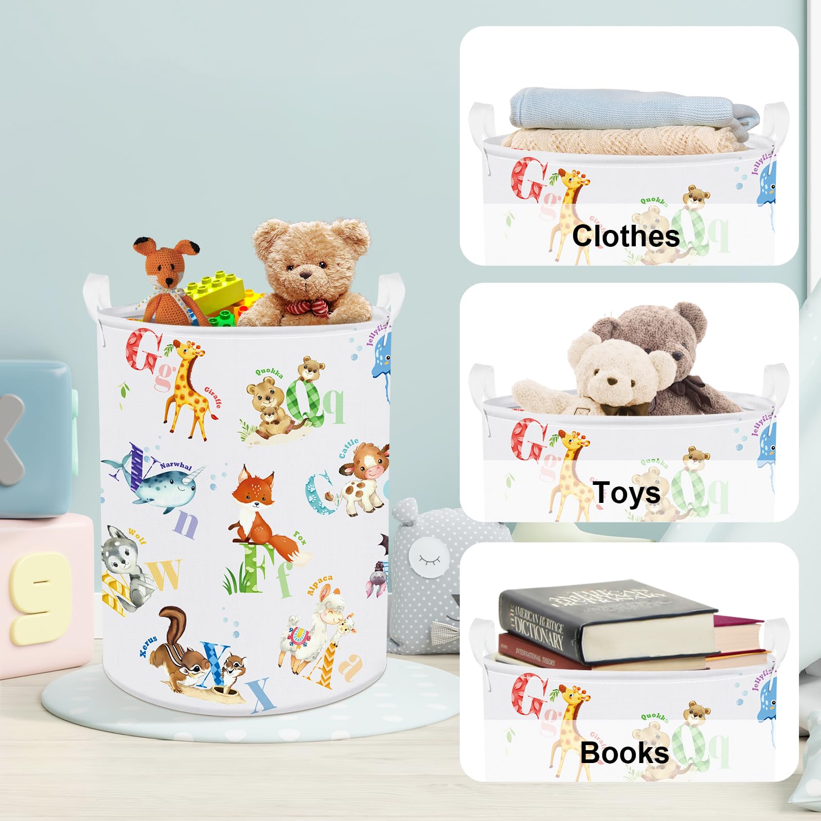 Clastyle 45L Cute Alphabet Animals Laundry Hamper for Boy Girl Colourful Round Toy Clothes Storage Basket for Nursery Room, 14.2x17.7 in