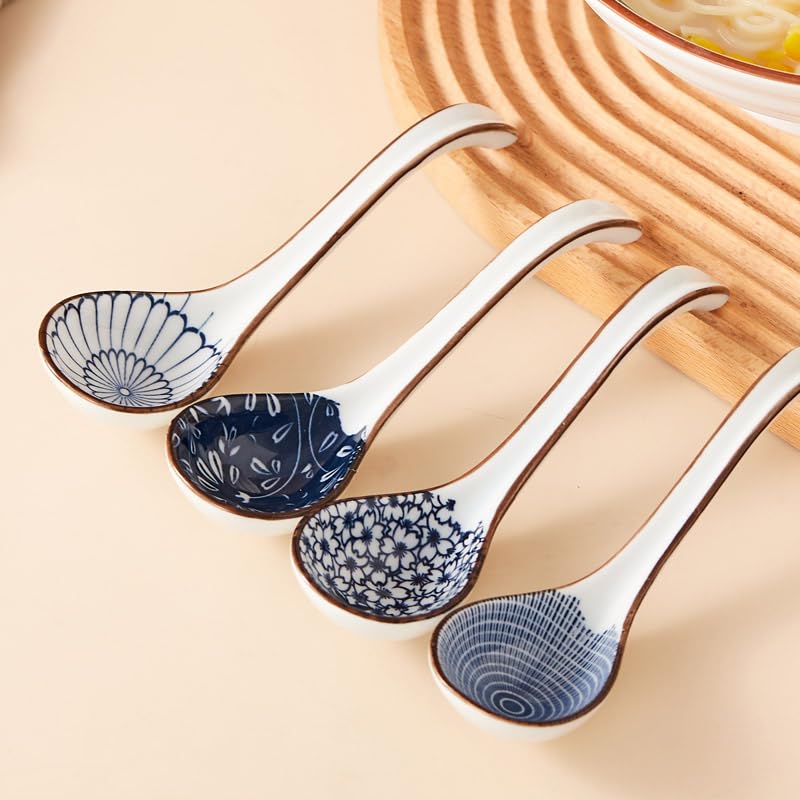 JOBNTZ Asian Soup Spoon,Ceramic Ramen Spoon,6.4inch Japanese Pho Spoon with Long Handle for Miso,Dumpling,Noodles,Wonton (Blue and White Porcelain, Set of 4)