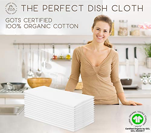 HONEST WEAVE GOTS Certified 100% Organic Flour Sack Cotton Kitchen Hand and Dish Towel Sets - Extra Large 27x27 inches, Fully Hemmed, 12-Pack, White