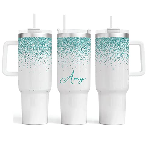 Personalized 40oz Tumbler With Handle and straw | Stainless Steel Insulated Tumbler | Travel Cup | Double Wall Coffee Cup for Hot and Cold Drinks | Teal Glitter Effect with Name
