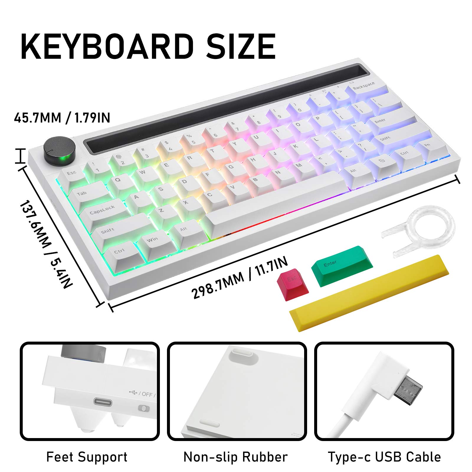 Bluetooth Mechanical Gaming Keyboard with 19 RGB Backlight Mini 61 Key Multimedia Knob Rechargeable 4400mAh Battery Type C Wired/Wireless for PC Mac Mobile Phone Gamer Typist (White/Pink Switch)