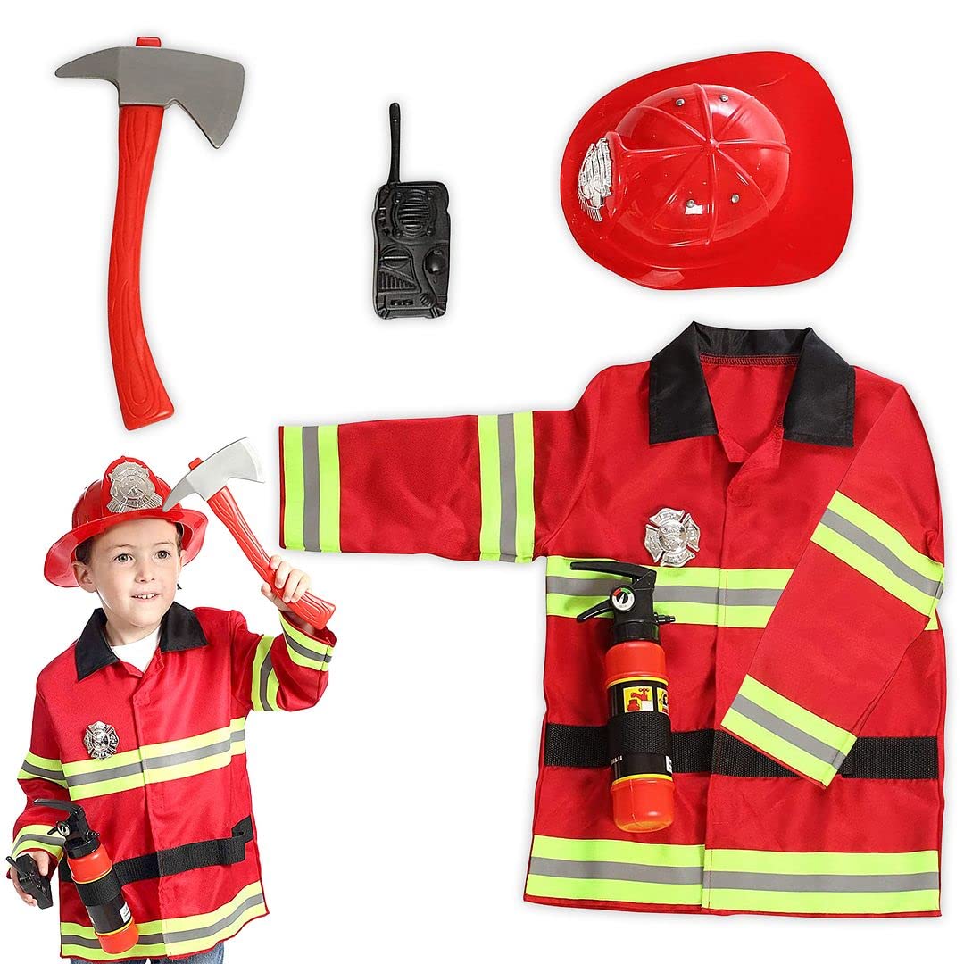 Firefighter Costume for Kids - Fireman Toddler Dress Up Set for Pretend Play or Birthday Party - Red Fire Fighter Uniform with Accessories for Boys and Girls