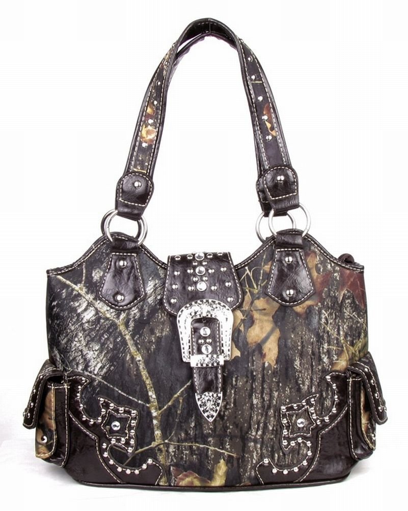 GoCowGirl Large Western Concealed Carry Weapon Purse Camouflage Camo Belt Buckle Handbag Matching Wallet (Brown)