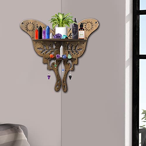 Corner Shelf Wall Mount - 2 Tier Large 17β Crystal Shelf Display - Moth Floating Shelves Wall Shelf - Boho Butterfly Moon & Star Design Spiritual Gift Zen Decor Yoga Corner Decor Home Bedroom Office
