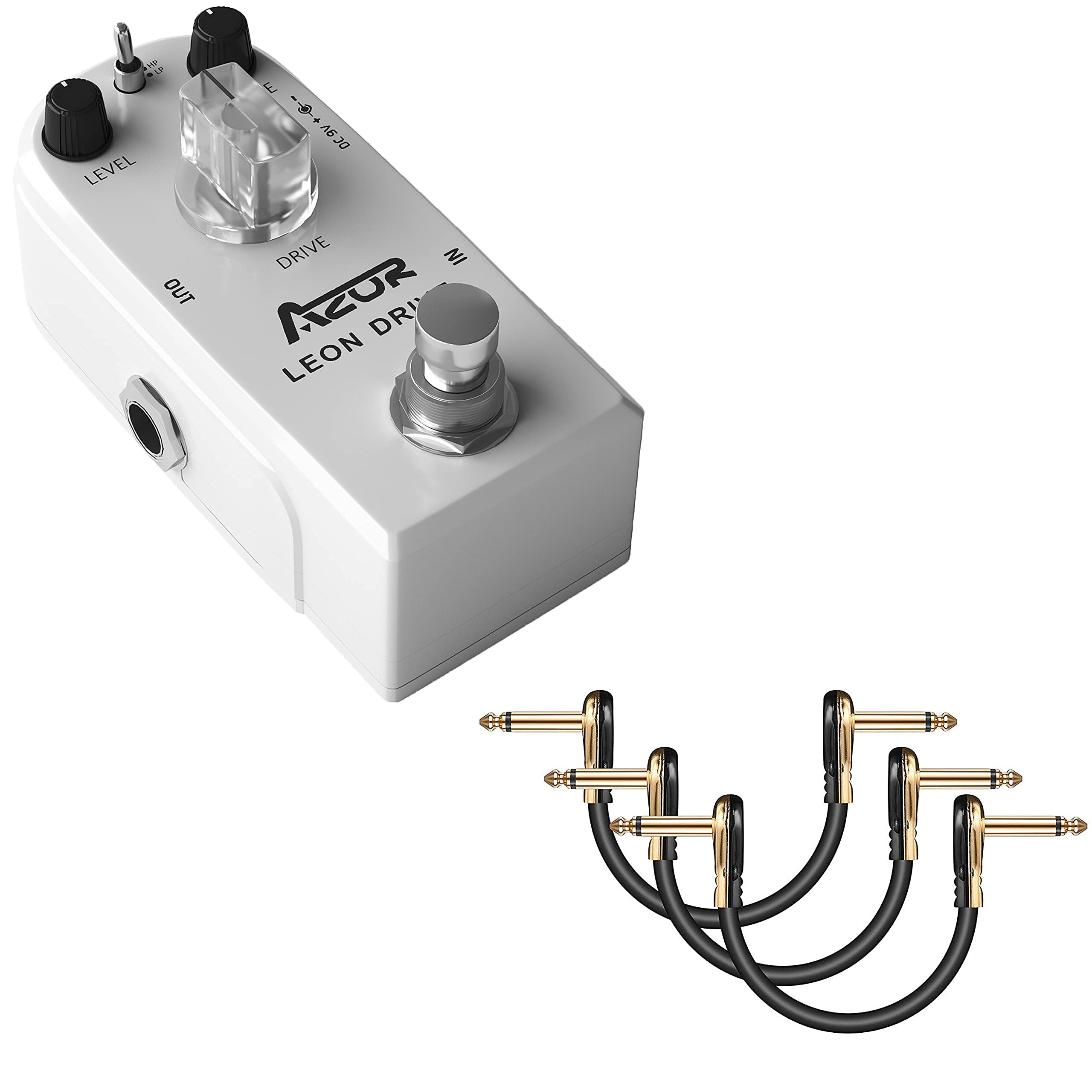 AZOR Leon Ultimate Drive Overdrive Guitar Effect Pedal with Guitar Effect Pedal Cables 3 Pack (Gold)
