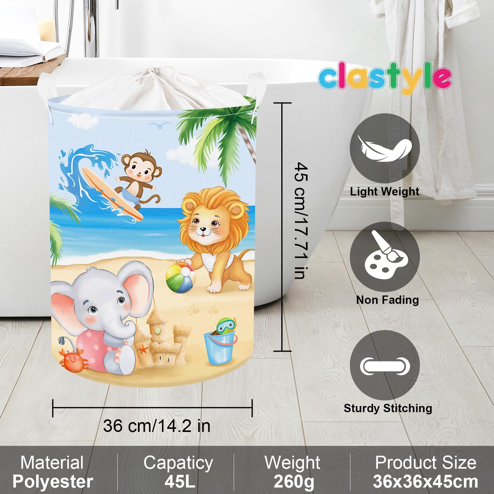 Clastyle Surfing Monkey Lion Laundry Hamper Summer Pool Beach Towel Blanket Basket Elephant Castles Nursery Hamper Kid Bedroom Round Toy Clothes Storage Basket